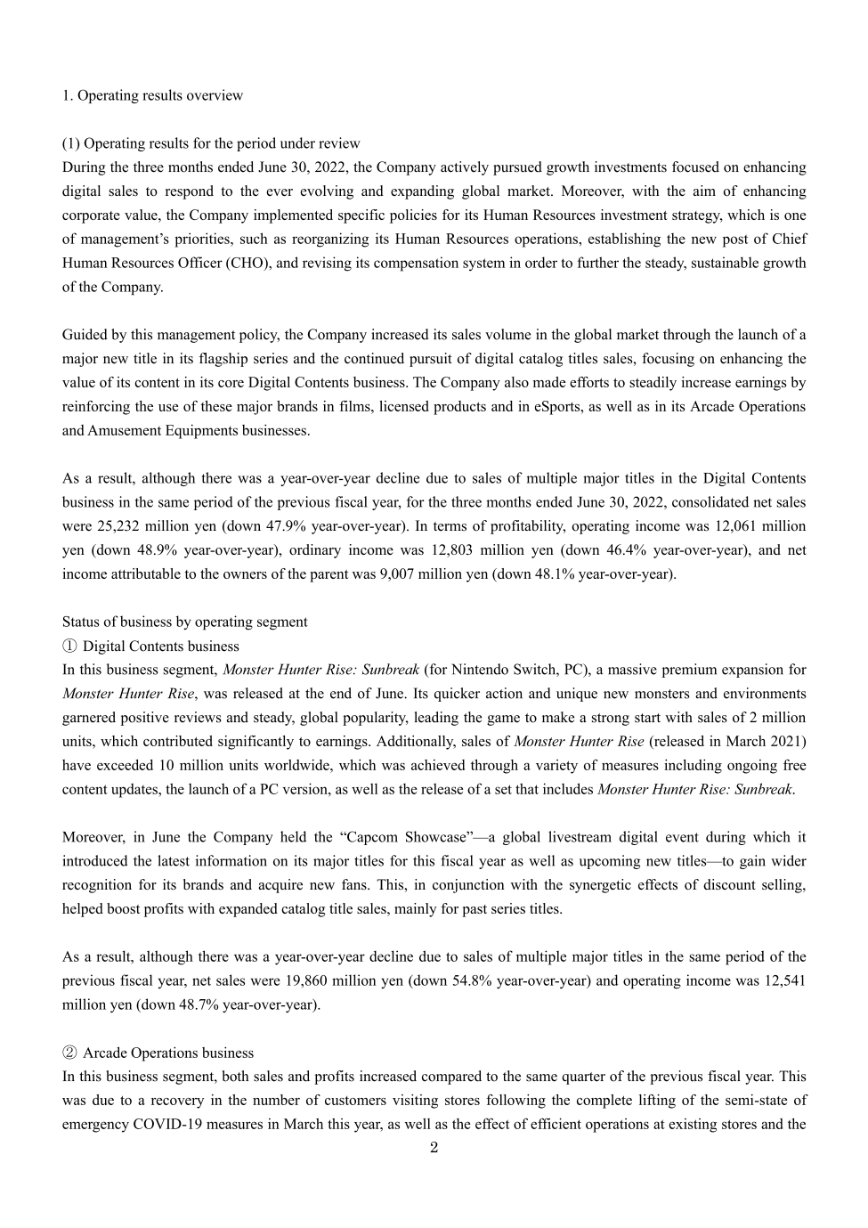 CAPCOM | Consolidated Financial Results for the 1st Quarter of FY2022